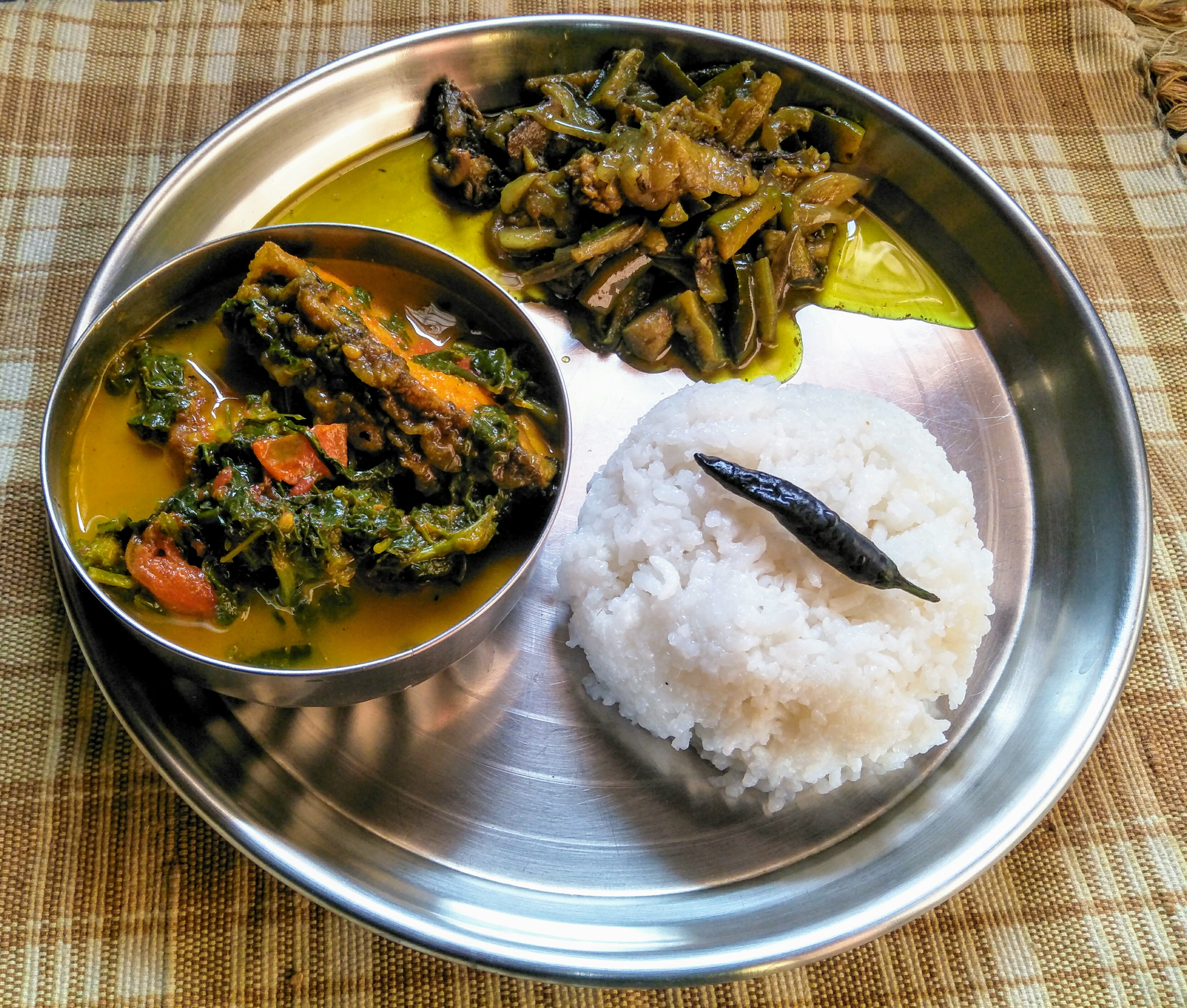 Assamese Style Everyday Lunch Platter : Bhat, Lofa xaak aru Mass ...
