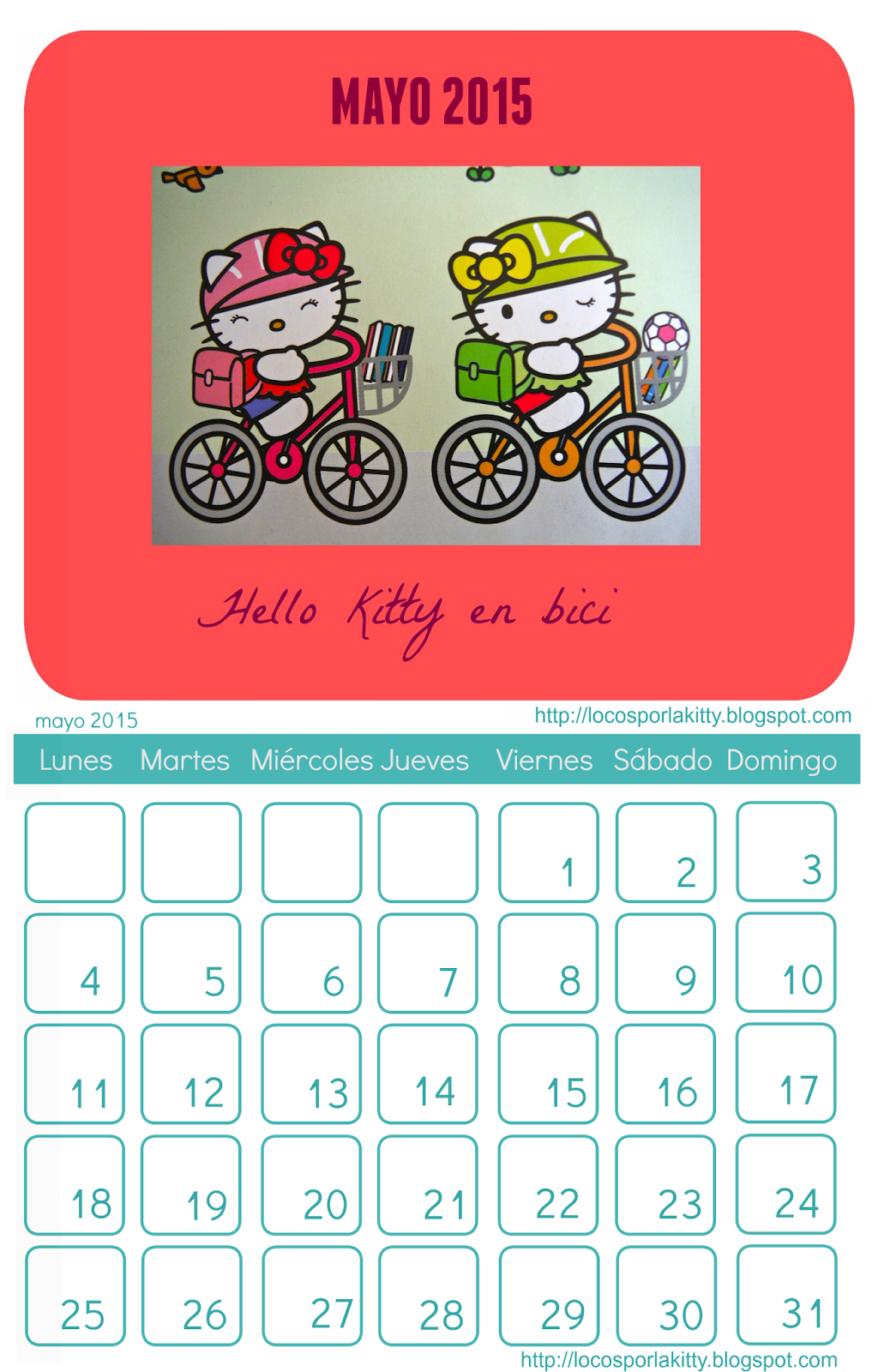 Calendario Hello Kitty Mayo 2015 : Locos por Hello Kitty