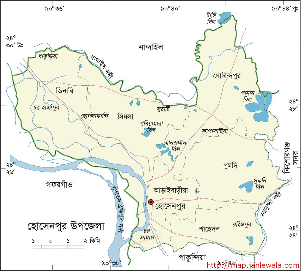হোসেনপুর উপজেলা মানচিত্র, কিশোরগঞ্জ জেলা, বাংলাদেশ