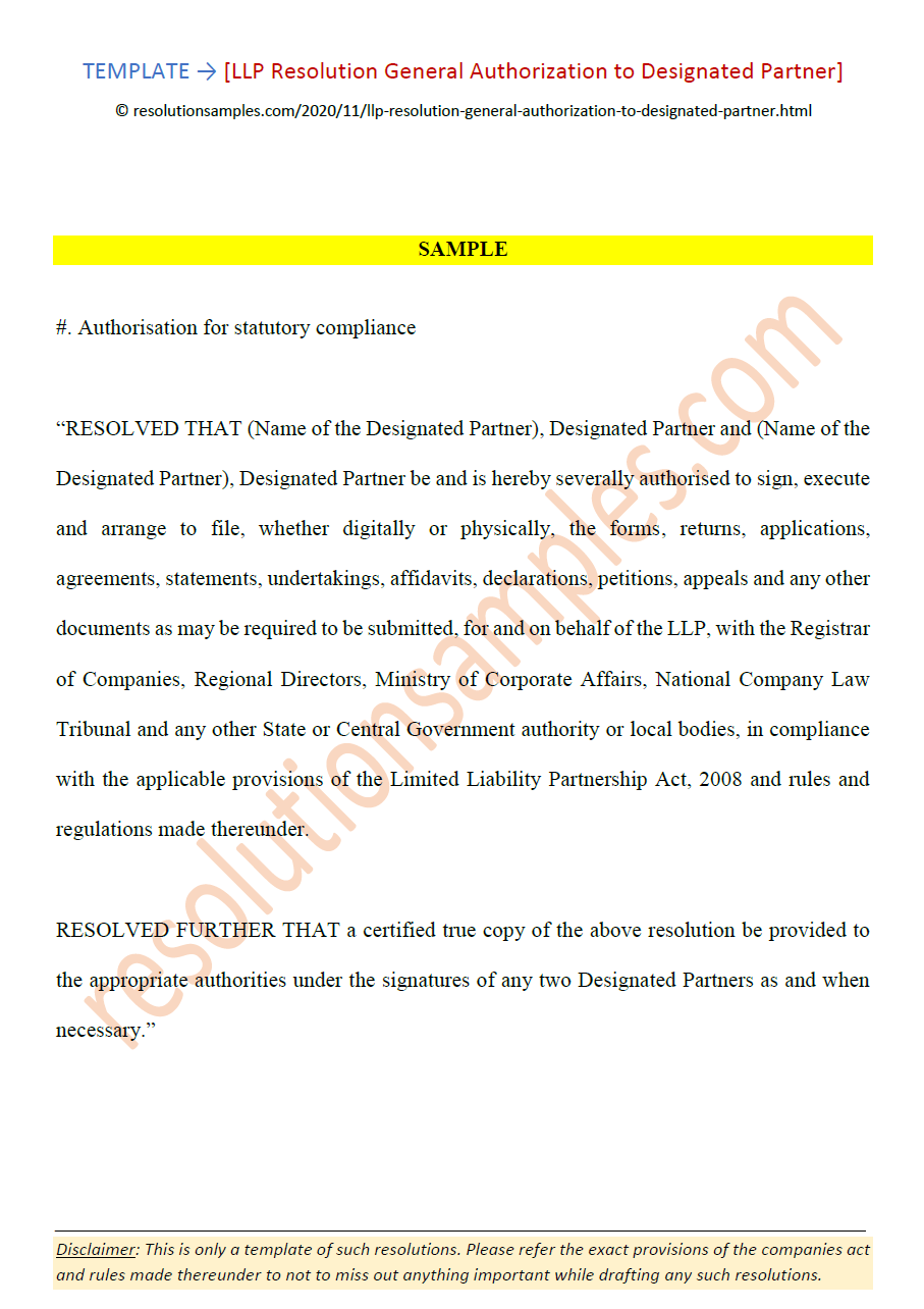 LLP Resolution General Authorization to Designated Partner