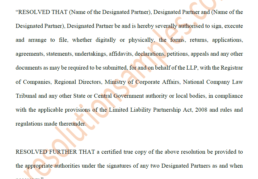 LLP Resolution General Authorization to Designated Partner