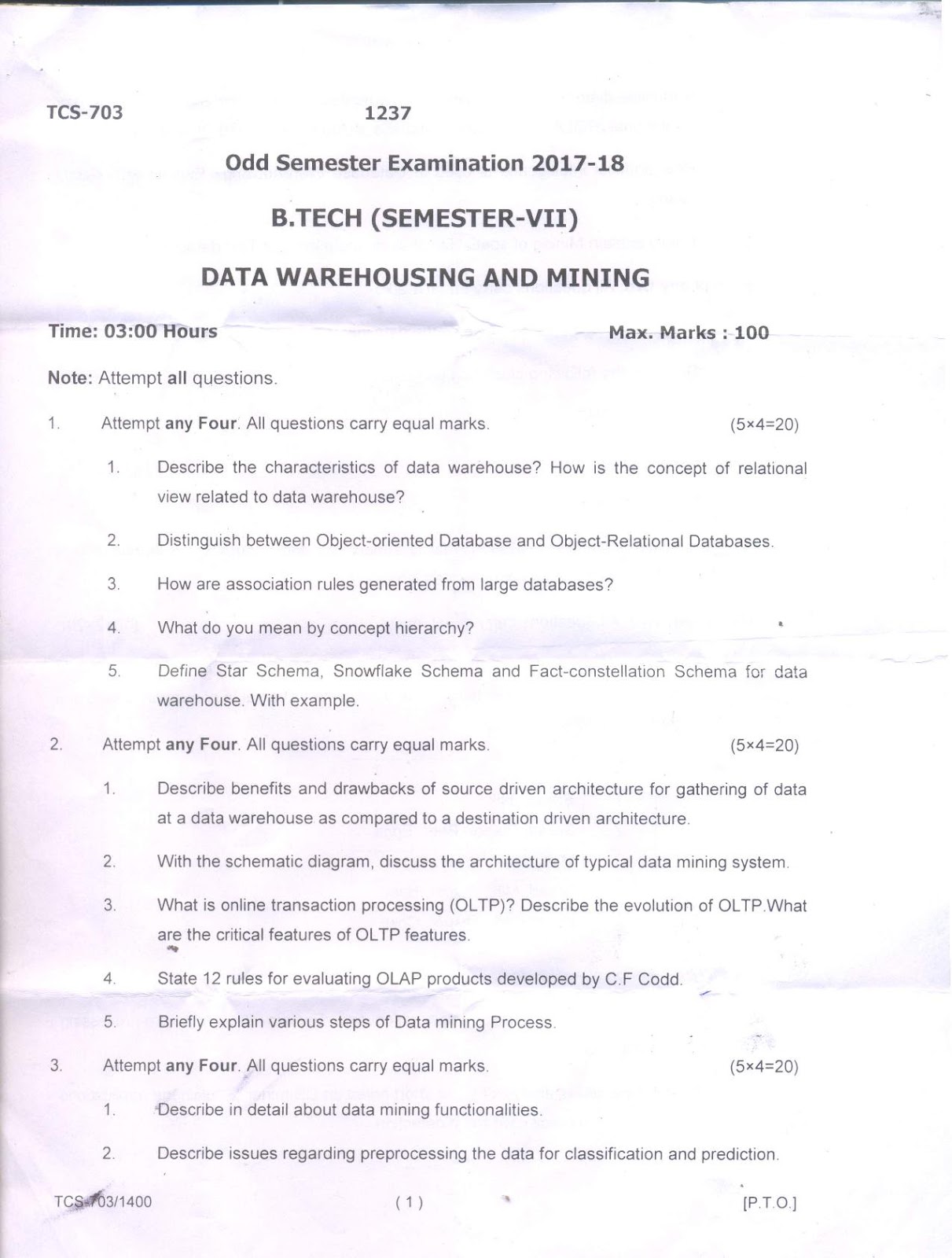 DATA WAREHOUSING & MINING (UTU QUESTION PAPER)