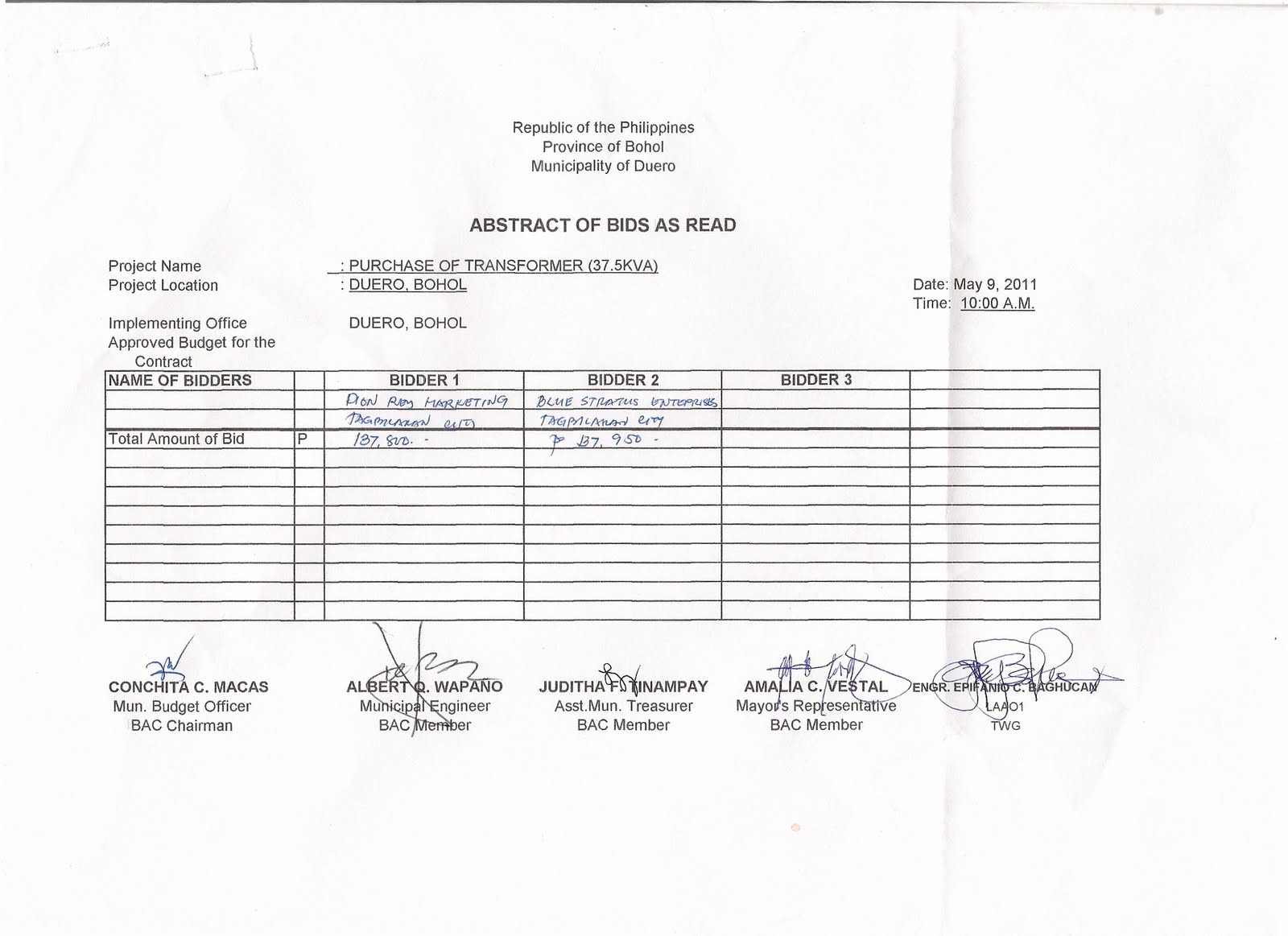 The Municipality of Duero, Bohol: * Abstract of Bids as Read