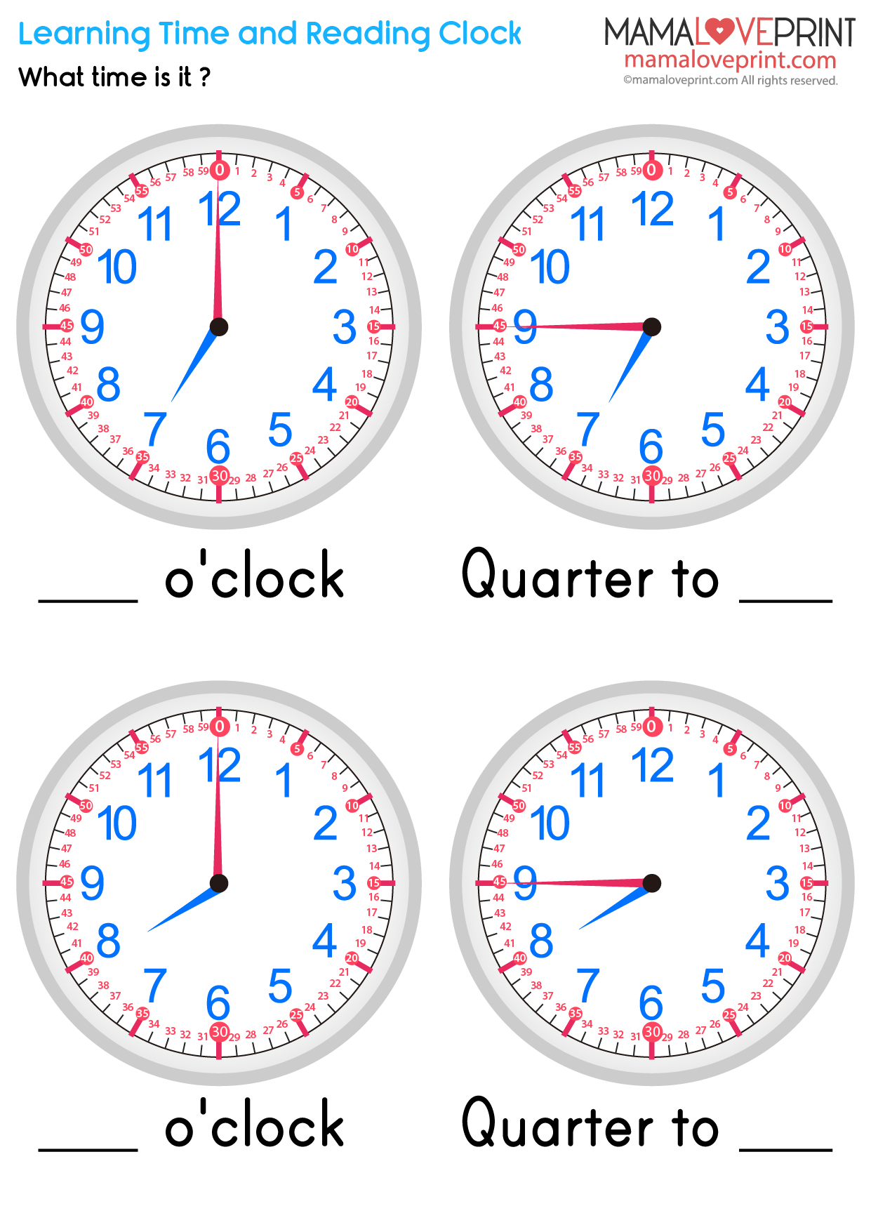 MamaLovePrint . K2 Math Worksheets . Learning Time (Level 3 : Quarter ...