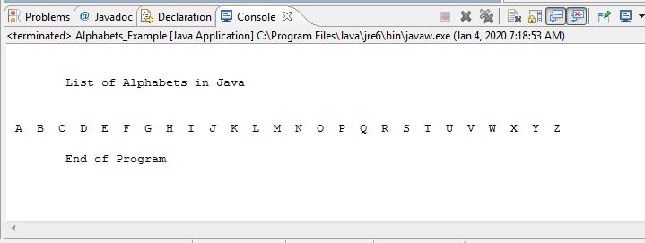 Free Programming Source Codes and Computer Programming Tutorials: List of Alphabets in Java