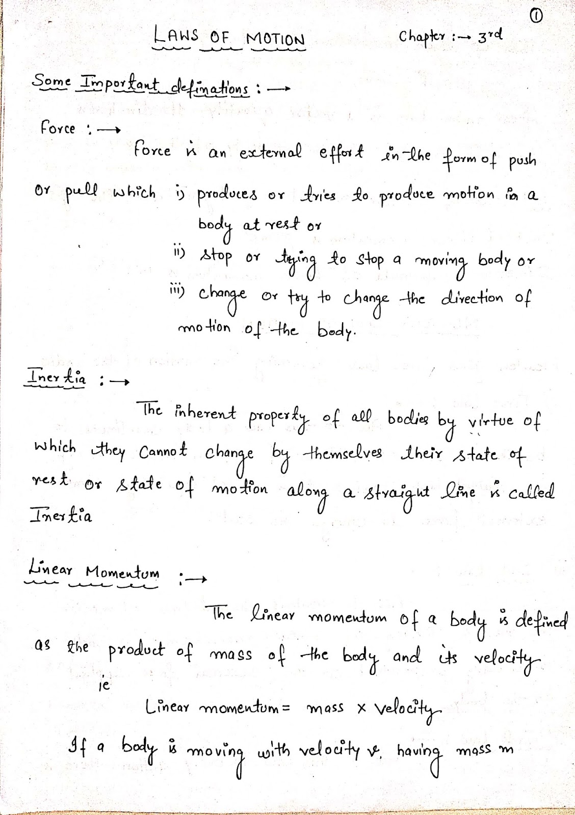Law of Motion Handwritten Notes for Class 11