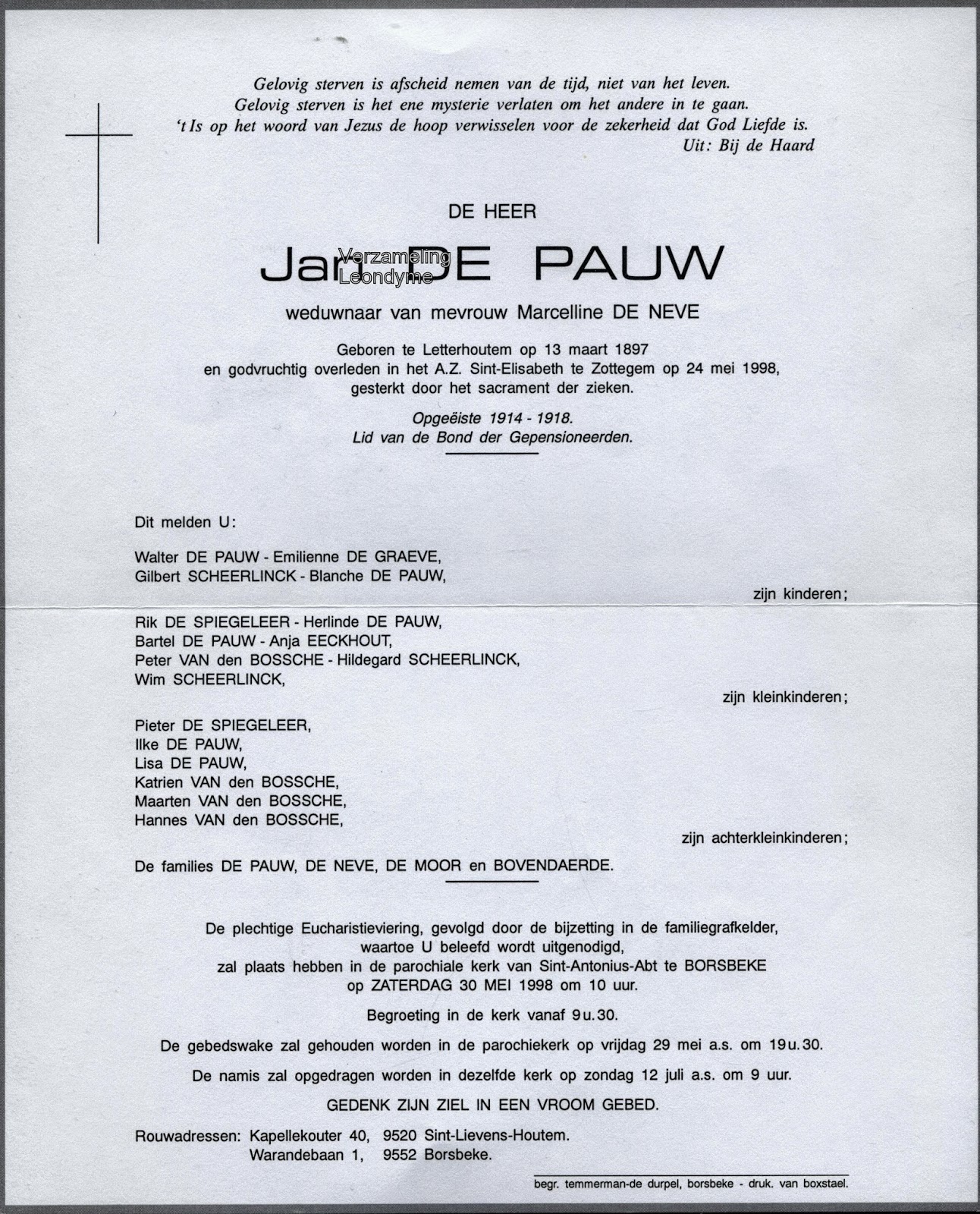 Historische weetjes: De Pauw Jan 1897-1998, de 101-jarige opgeëiste W.O ...