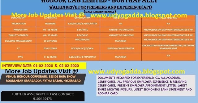 UDYOG ADDA: HONOUR LAB LIMITED BONTHAPALLY WALK IN INTERVIEW 01 & 02 FEB 2020 FOR MULTIPLE POSITIONS