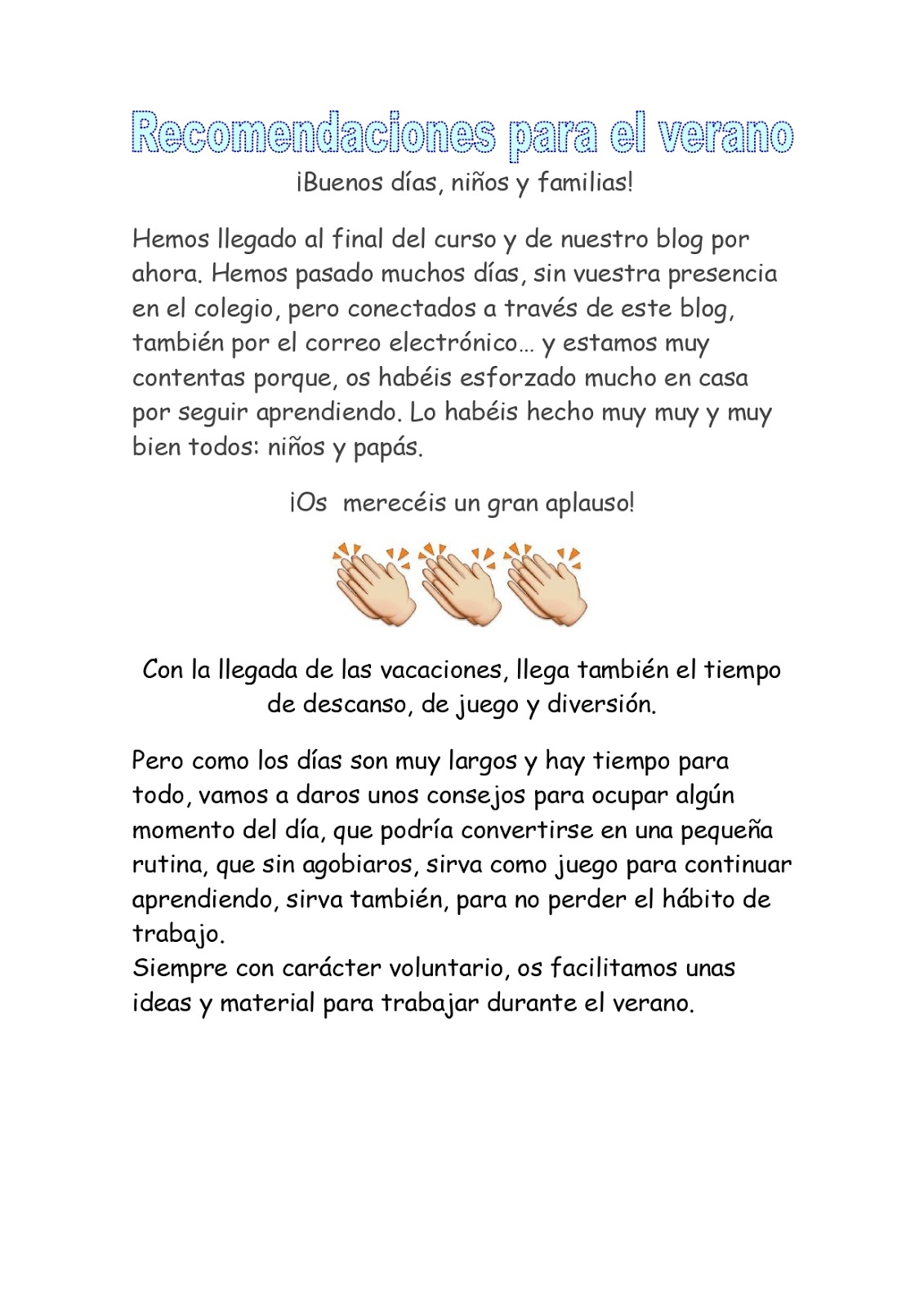 Blog de 1º de Primaria: Recomendaciones de Verano