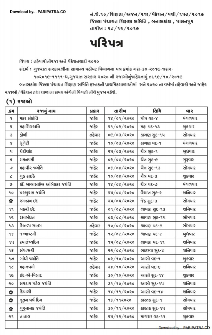 BANASKANTHA RAJA LIST 2020-21 | DOWNLOAD BK HOLIDAY LIST 2020 - RDRATHOD.IN