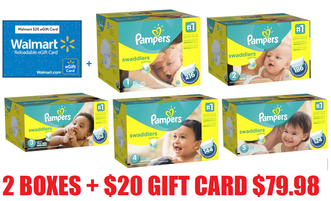 2 Boxes of Pampers Swaddlers Economy Plus Pack Diapers + $20 Walmart ...