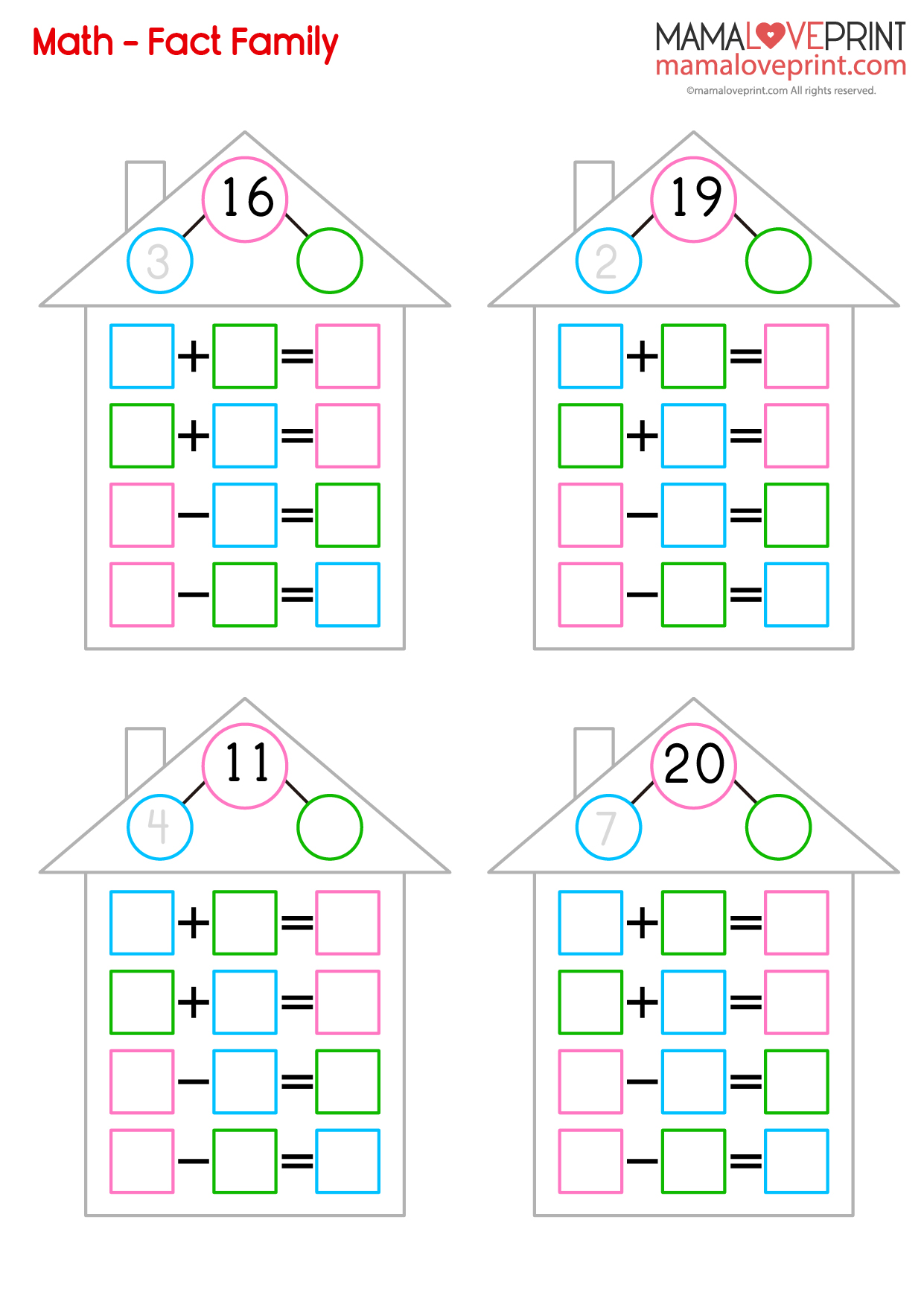 MamaLovePrint . K3 Math Worksheets . Fact Family Worksheets Printable ...