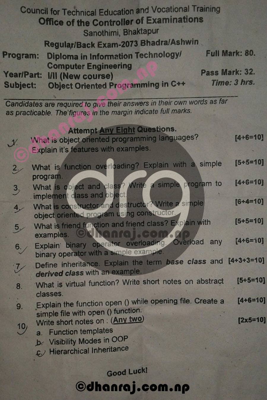 Object Oriented Programming In C Question Paper 2073 Ctevt Diploma 1st Year 2nd Part