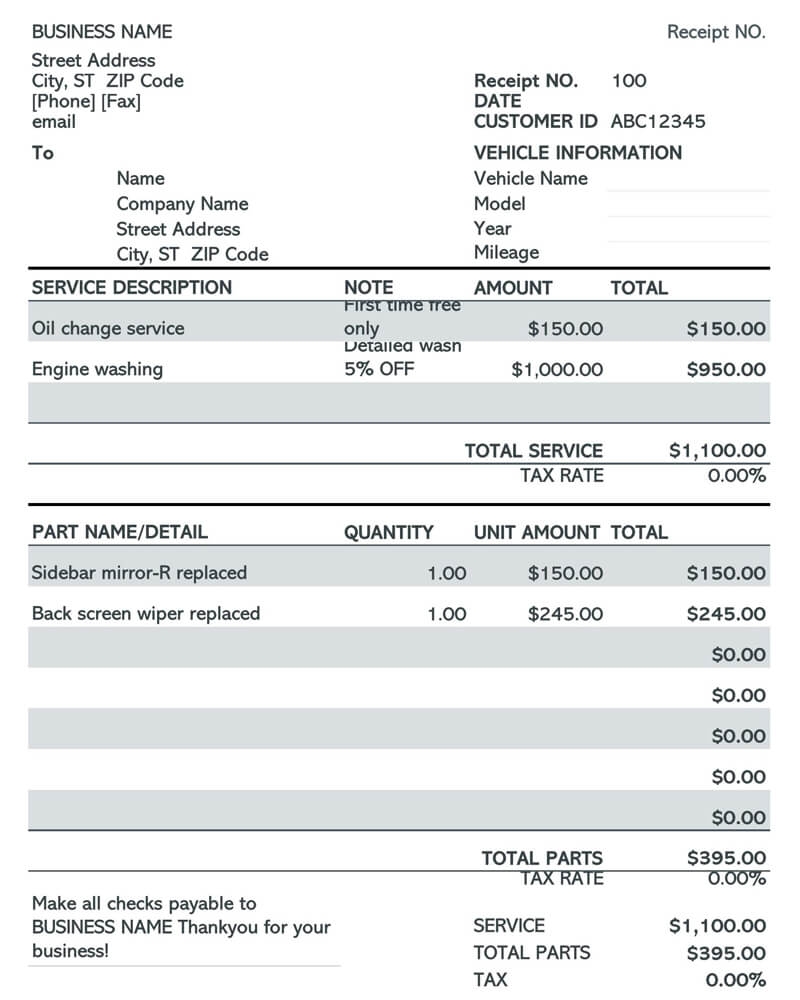 Free Auto Repair Receipts - Invoice Template