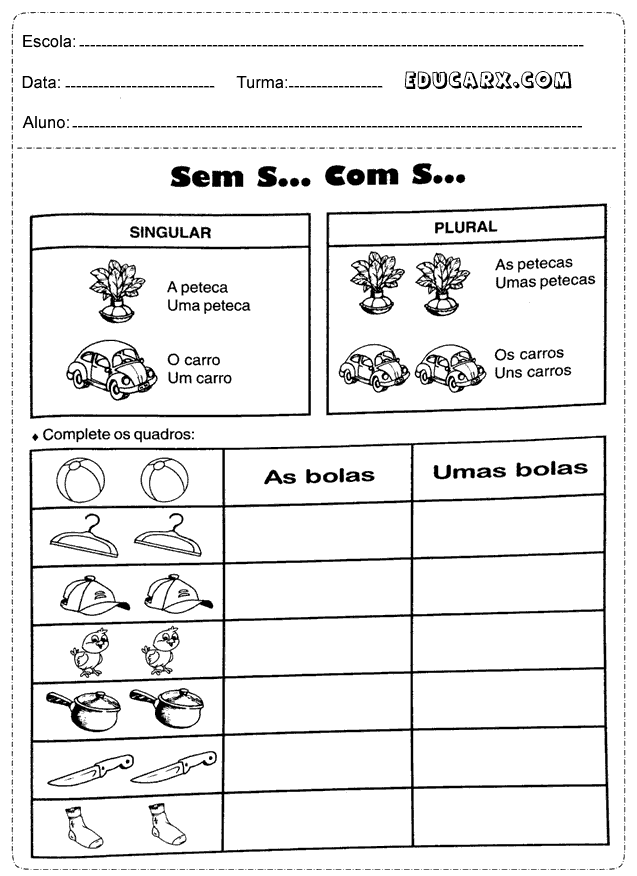 Educar X: Atividades singular e plural 3° ano Educar X: Atividades singular e plural 3° ano