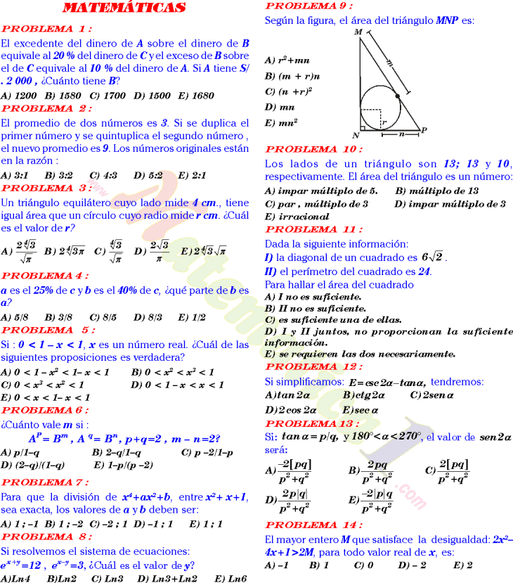 TEST DE MATEMÁTICAS RESUELTO TIPO EXAMEN DE ADMISIÓN A LA UNIVERSIDAD PDF
