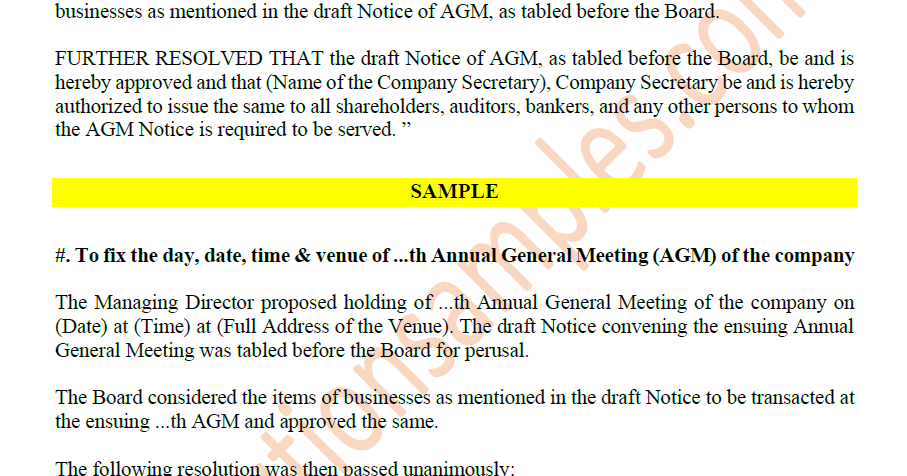 Board Resolution for Calling of Annual General Meeting (AGM)