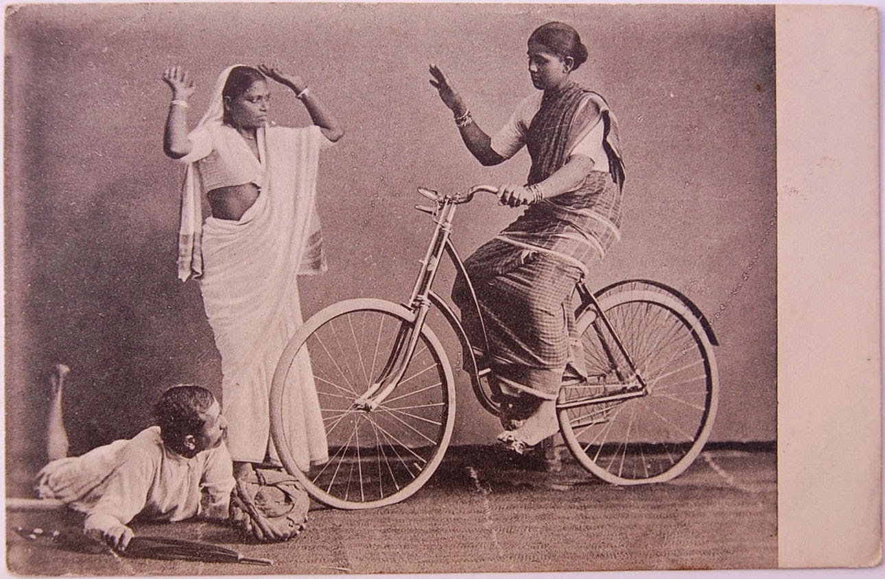Indian Lady on a Bicycle - Studio Photograph - Old Indian Photos