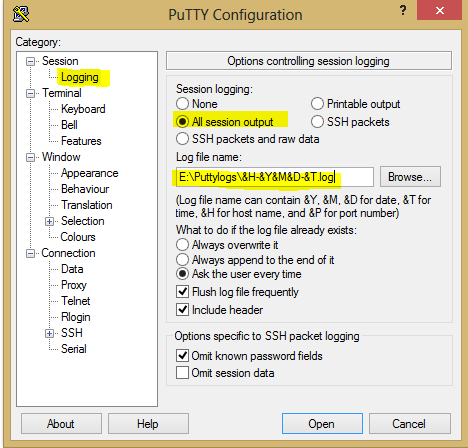 NETWORK ENGINEER STUFF: LOG ALL SESSION OUTPUT USING PUTTY