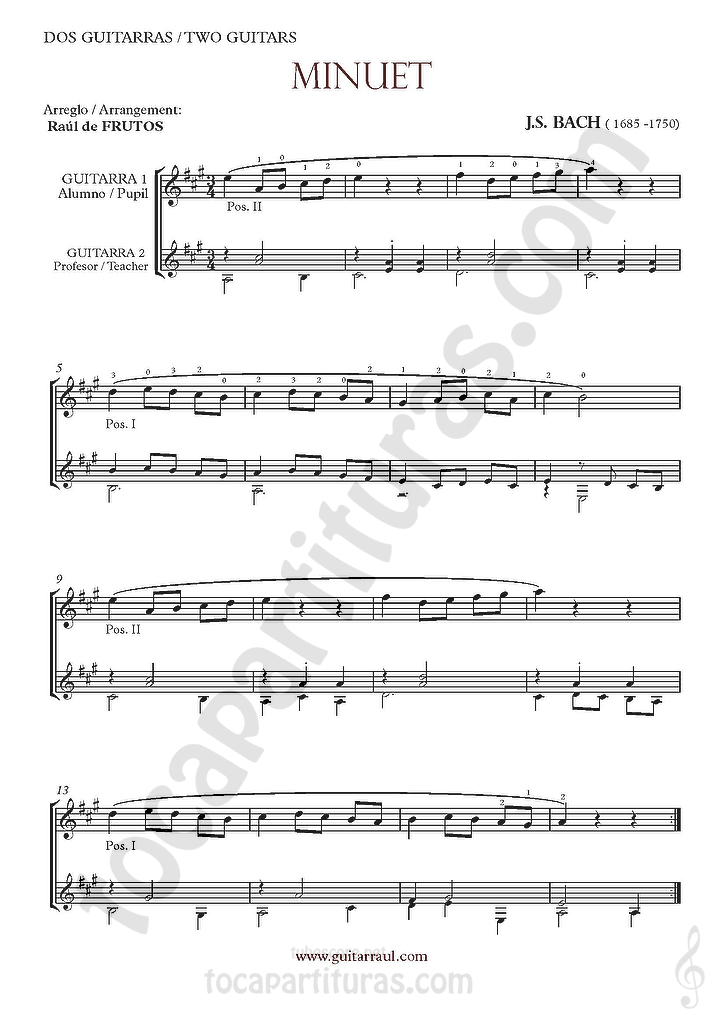 tocapartituras: Minuet de J.S. Bach Partitura de Duo de Guitarra con ...