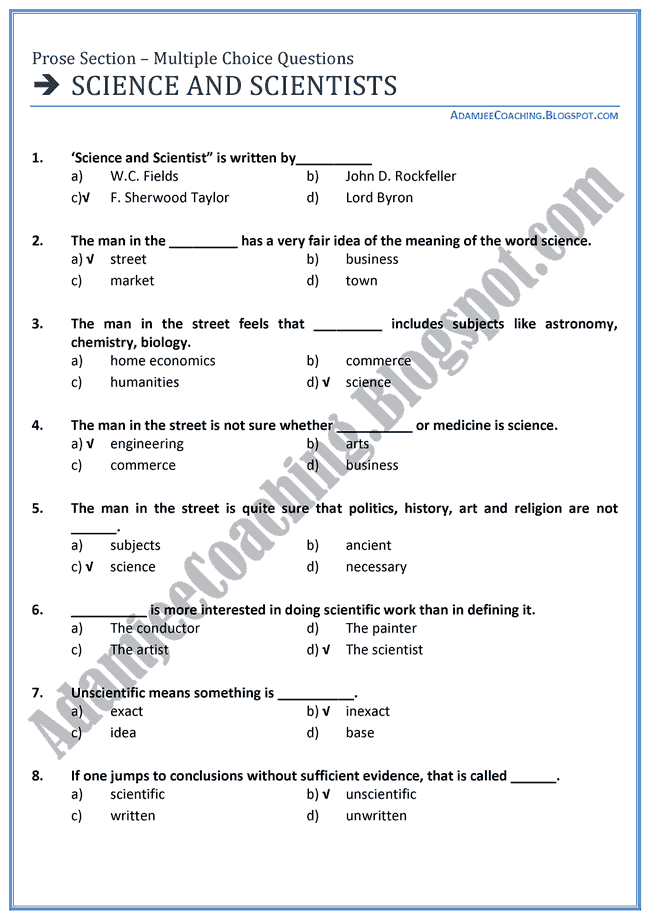 Adamjee Coaching: English XI - [Science and Scientists] - Mcqs