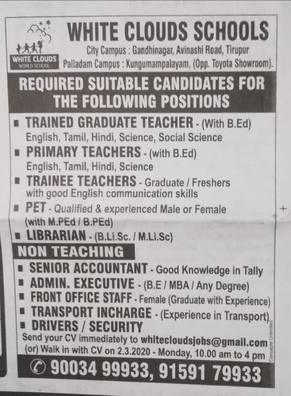 Teachers Wanted - Various School Advertisement! - kaninikkalvi
