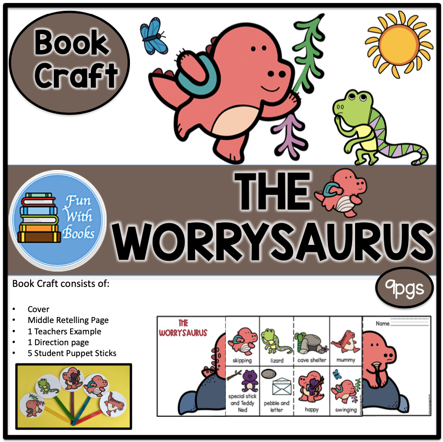 THE WORRYSAURUS BOOK CRAFT & 5 STUDENT PUPPET STICKS ~ Book Units by Lynn