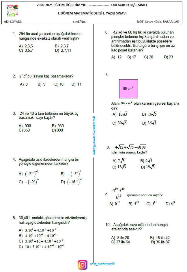 2020 2021 8 Sinif Matematİk 1 DÖnem 1 Yazili Sinavi Test Matematik