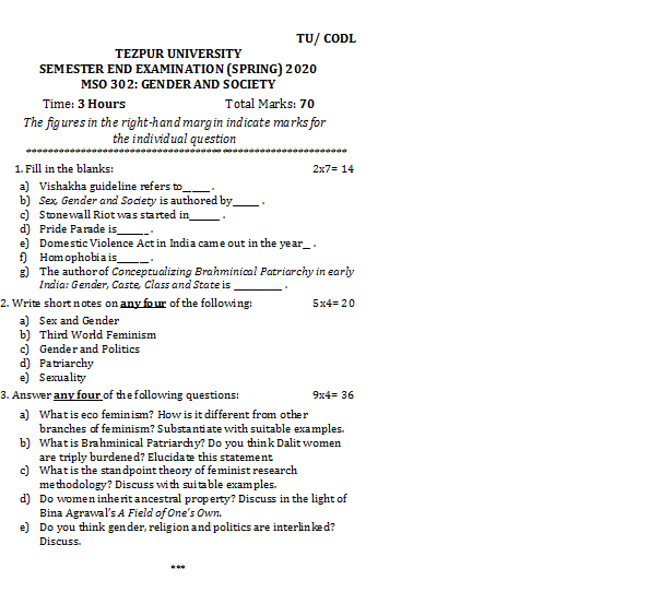 TEZPUR UNIVERSITY (TU/CODL) SEMESTER END MSO 302: GENDER AND SOCIETY ...