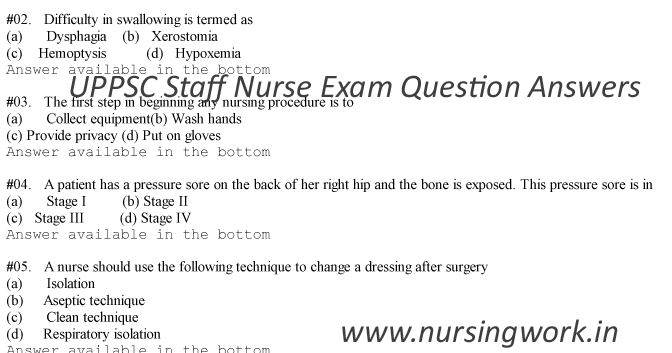 UPPSC staff nurse question paper with answer