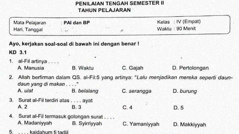 Soal Penilaian Tengah Semester 2 Mapel PAI BP Kelas 4 SD - SekolahDasar.Net