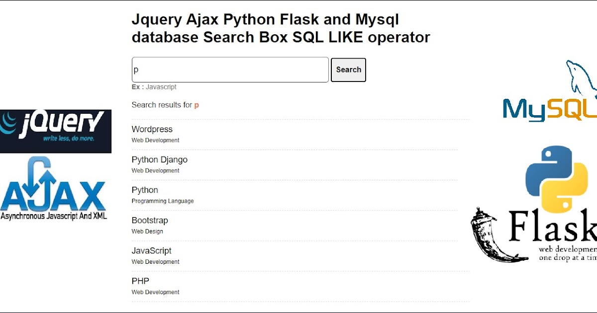 Jquery Ajax Python Flask and Mysql database Search Box SQL LIKE ... Jquery Ajax Python Flask and Mysql database Search Box SQL LIKE ...