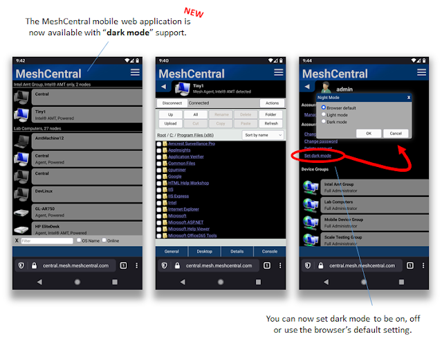 MeshCentral - Security Tracking, Dark Mode, Mobile App URL, Agent Update, Router Branding