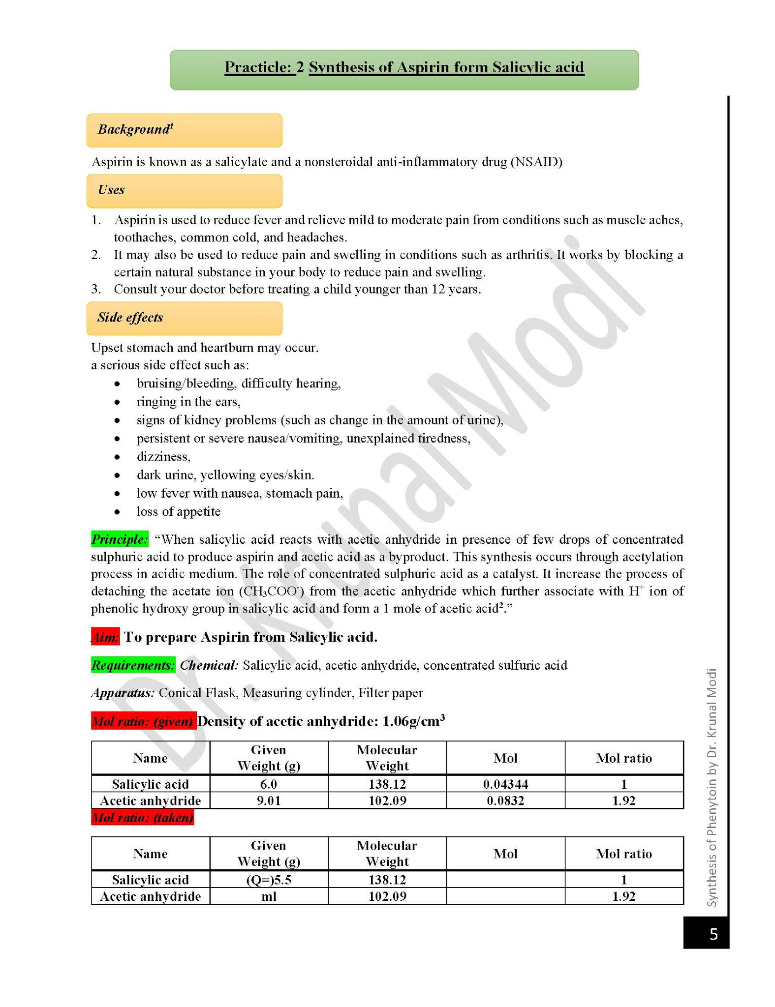 Practical: 2 Notes on Synthesis of Aspirin (Medicinal Chemistry)