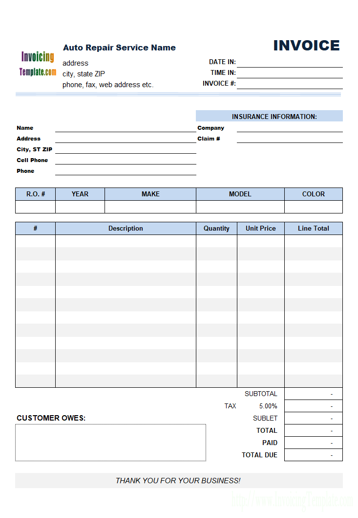 Auto Service Invoice Template - Invoice Template