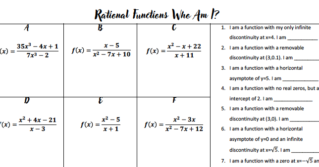Give Me a Sine: Rational Functions Who Am I? Activity