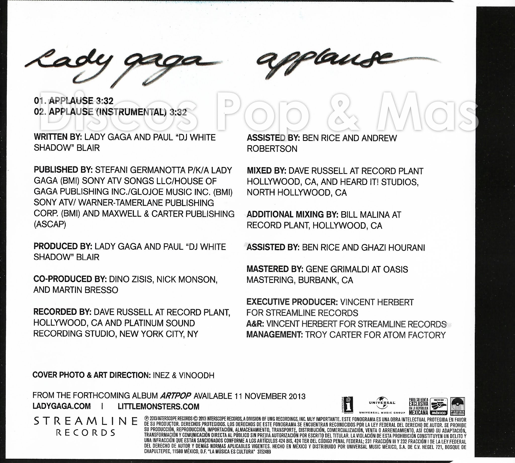 Discos Pop & Mas: Lady Gaga - Applause (Single)