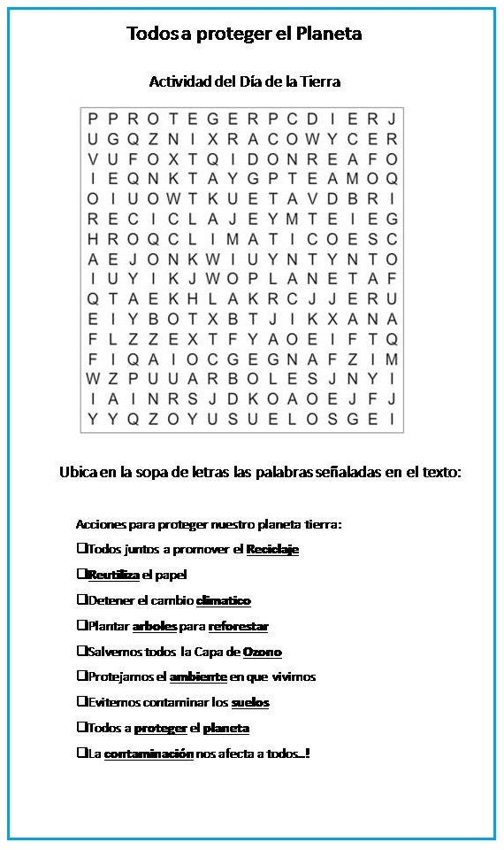Planeta Escolar: Sopa de letras para el Dia de la Tierra
