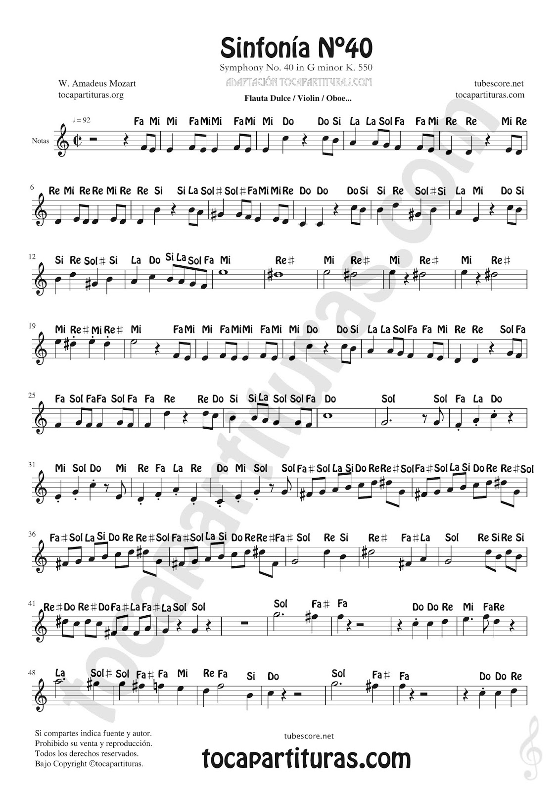 tocapartituras: Sinfonía Nº 40 de Mozart Partitura de Flauta, Violín ...