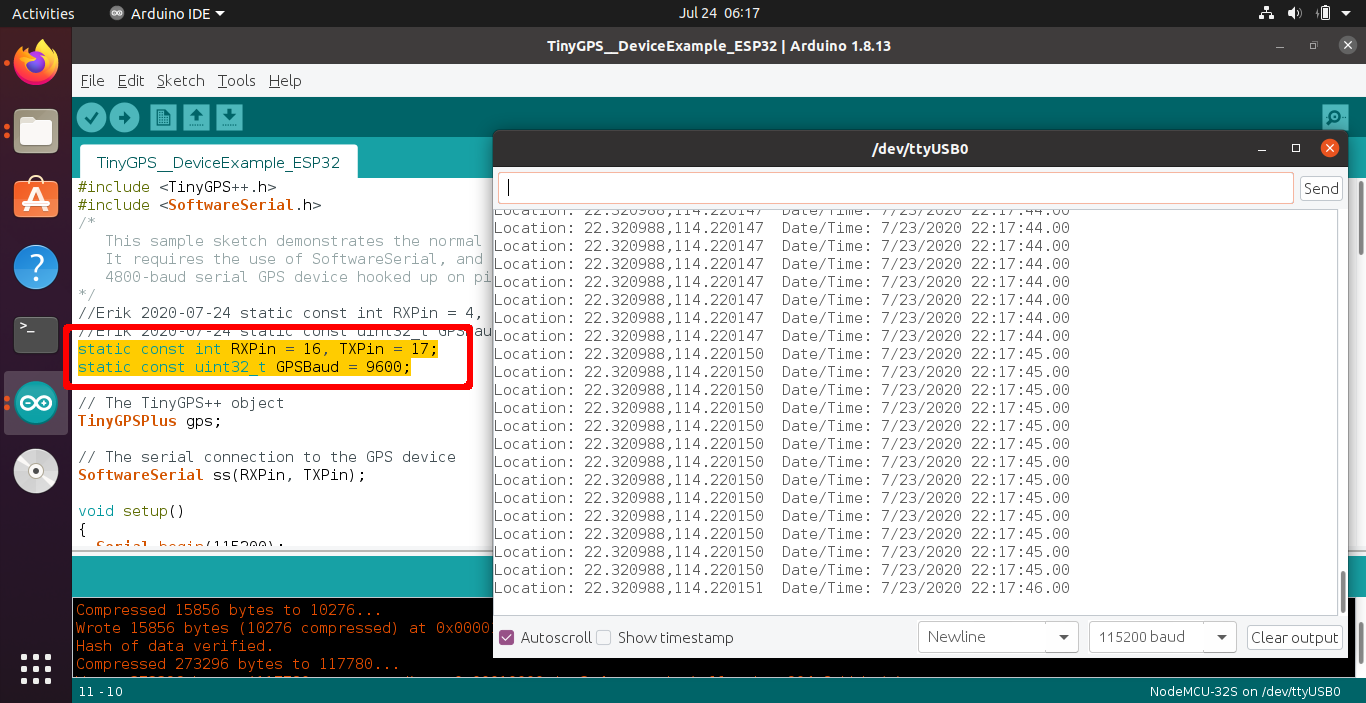 Arduino-er: ATGM336H-5N/ESP32, read GPS position using TinyGPS++