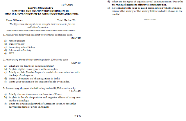 TEZPUR UNIVERSITY (TU/CODL) SEMESTER END MMC 101: INTRODUCTION TO COMMUNICATION AND MEDIA ...