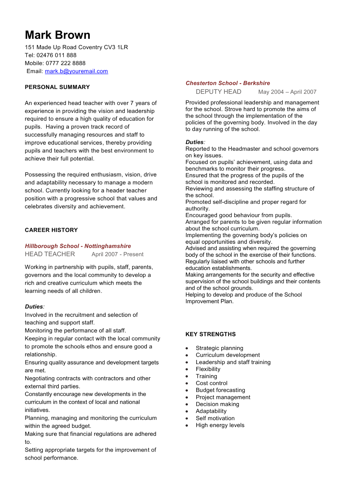 Head Teacher CV Resume Example Template And Format - Avari Point