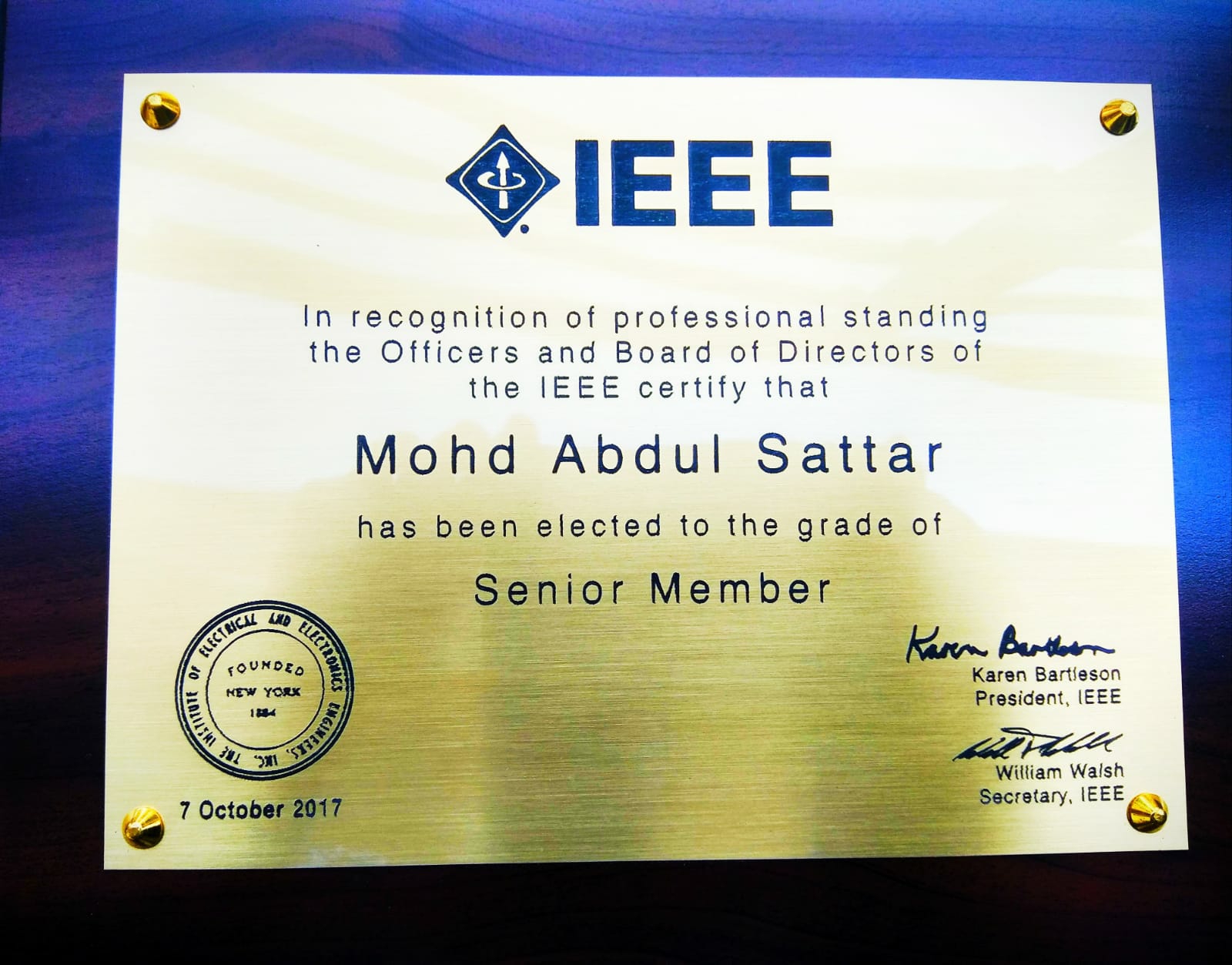 My IEEE Senior Member Plaque