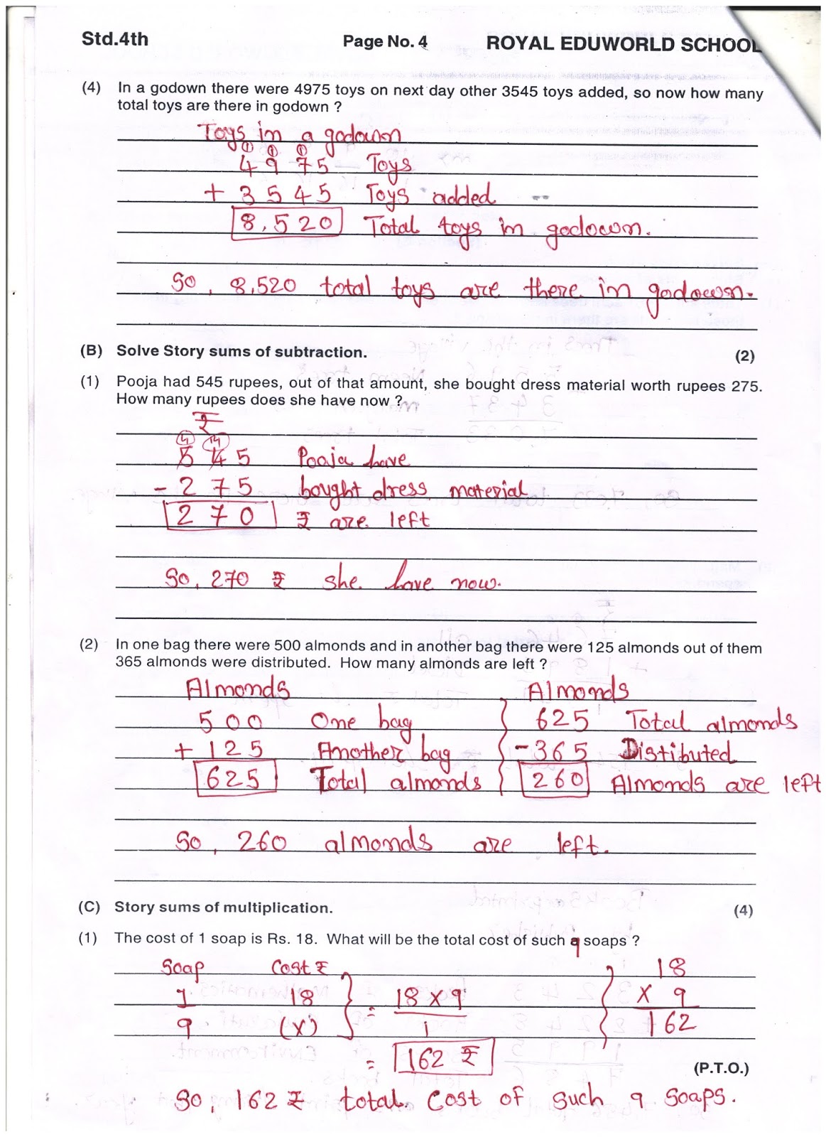 4th Standard MID Term Exam Paper - Maths