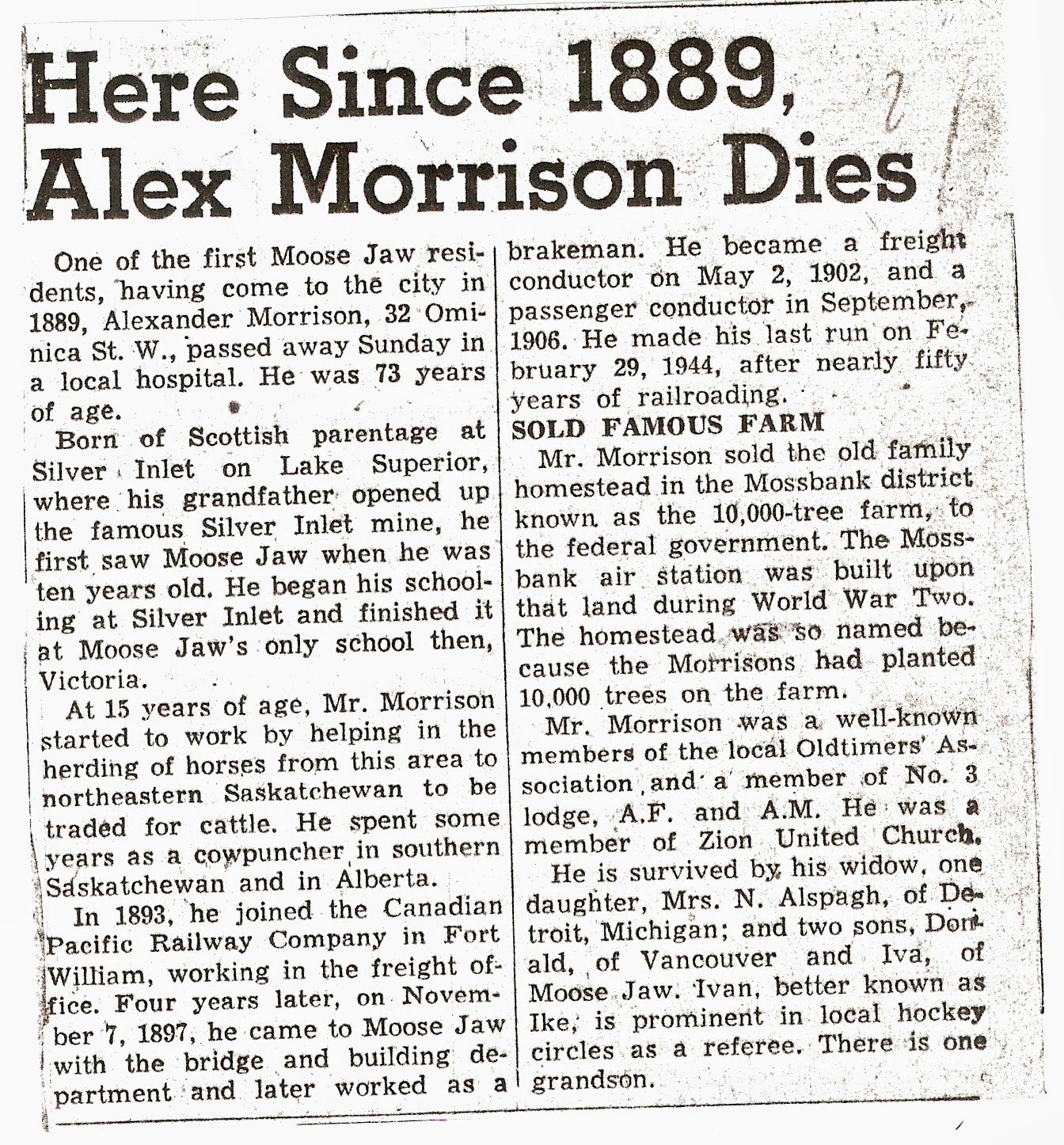 Births, Marriages & Deaths 1889-1969: Alex Morrison 19 Nov 1952