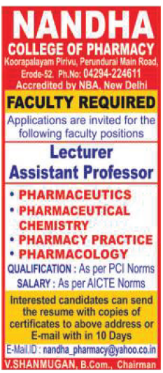 Nandha College of Pharmacy, Erode, Wanted Assistant Professor - Faculty ... Nandha College of Pharmacy, Erode, Wanted Assistant Professor - Faculty ...