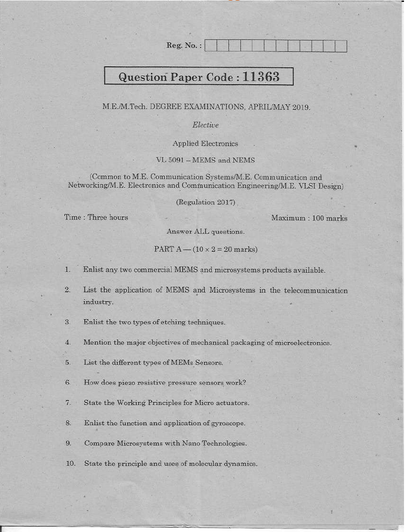 Anna University VL 5091-MEMS AND NEMS APRIL MAY 2019 Question Paper - University Question Papers
