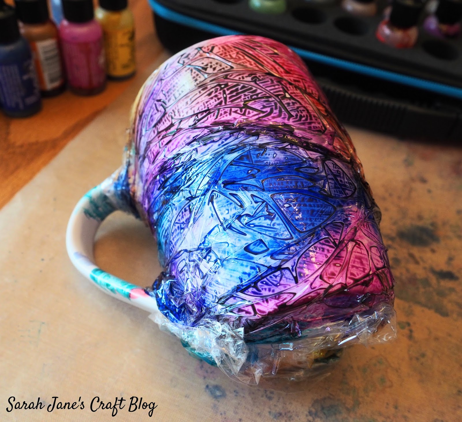 Plastic Wrap Alcohol Ink on Mugs