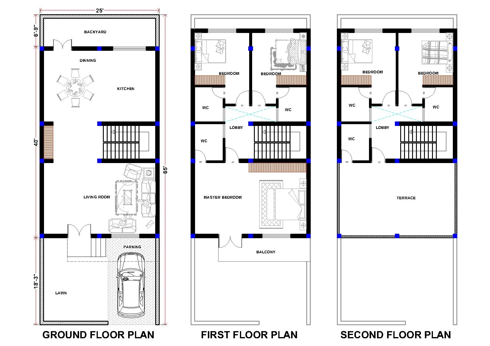 25×65 ft House Design [DWG, RVT, JPG]150sqm