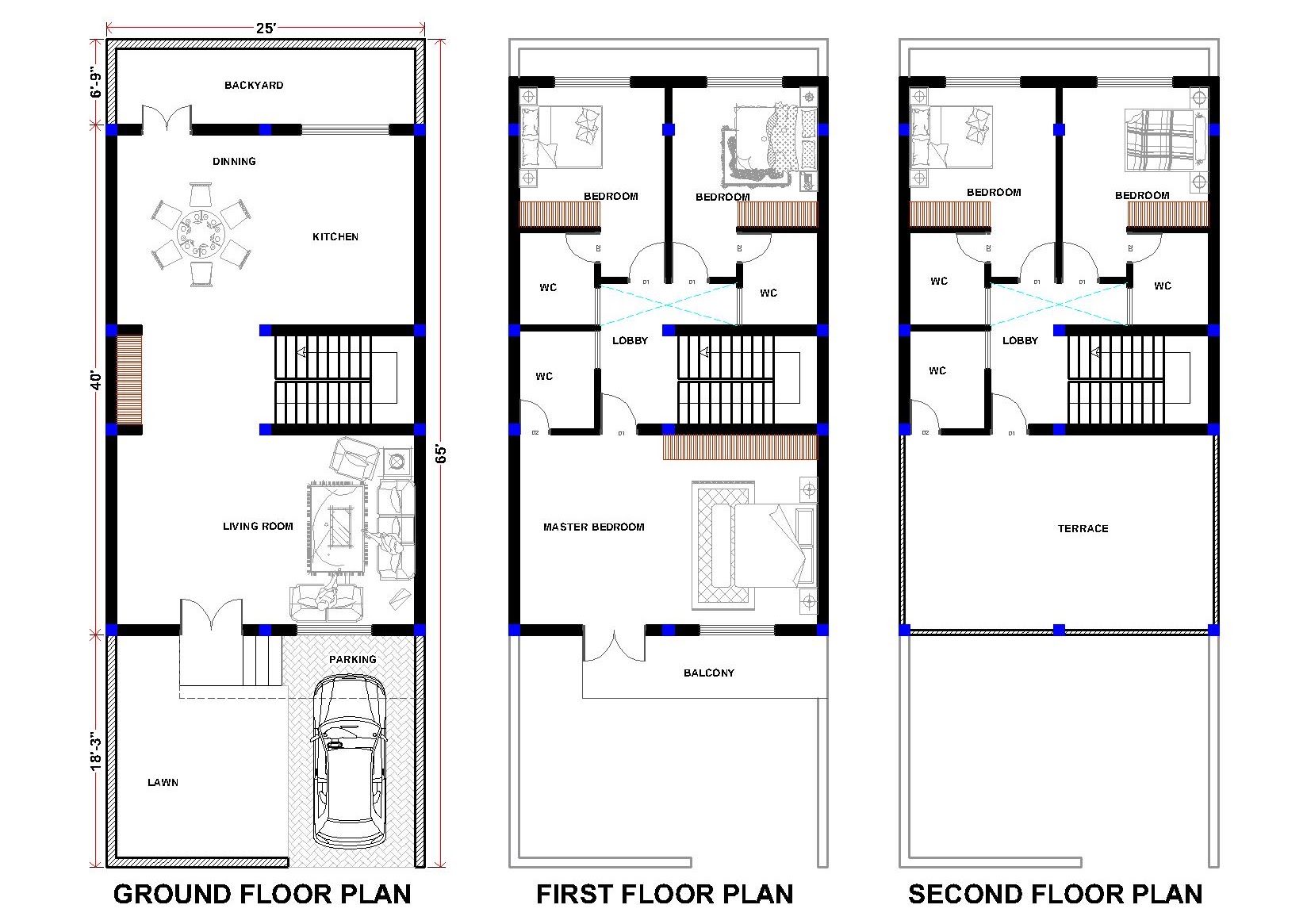 25×65 ft House Design [DWG, RVT, JPG]150sqm